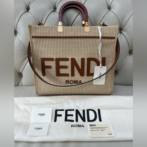 Fendi | Bags | Nwt Fendi Sunshine Medium Raffia Shoulder Tote Bag Leather | Poshmark